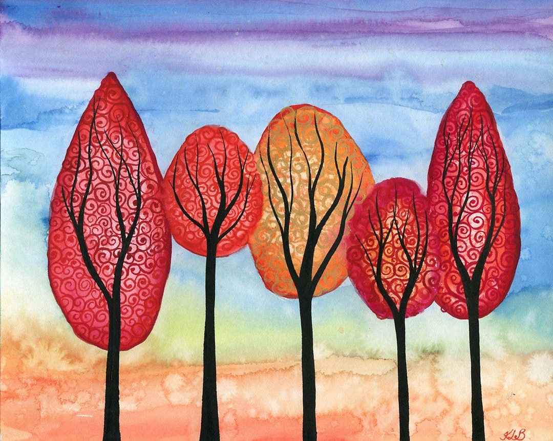 Flame Trees - Original Watercolour Painting of Red and Orange Trees - Etsy