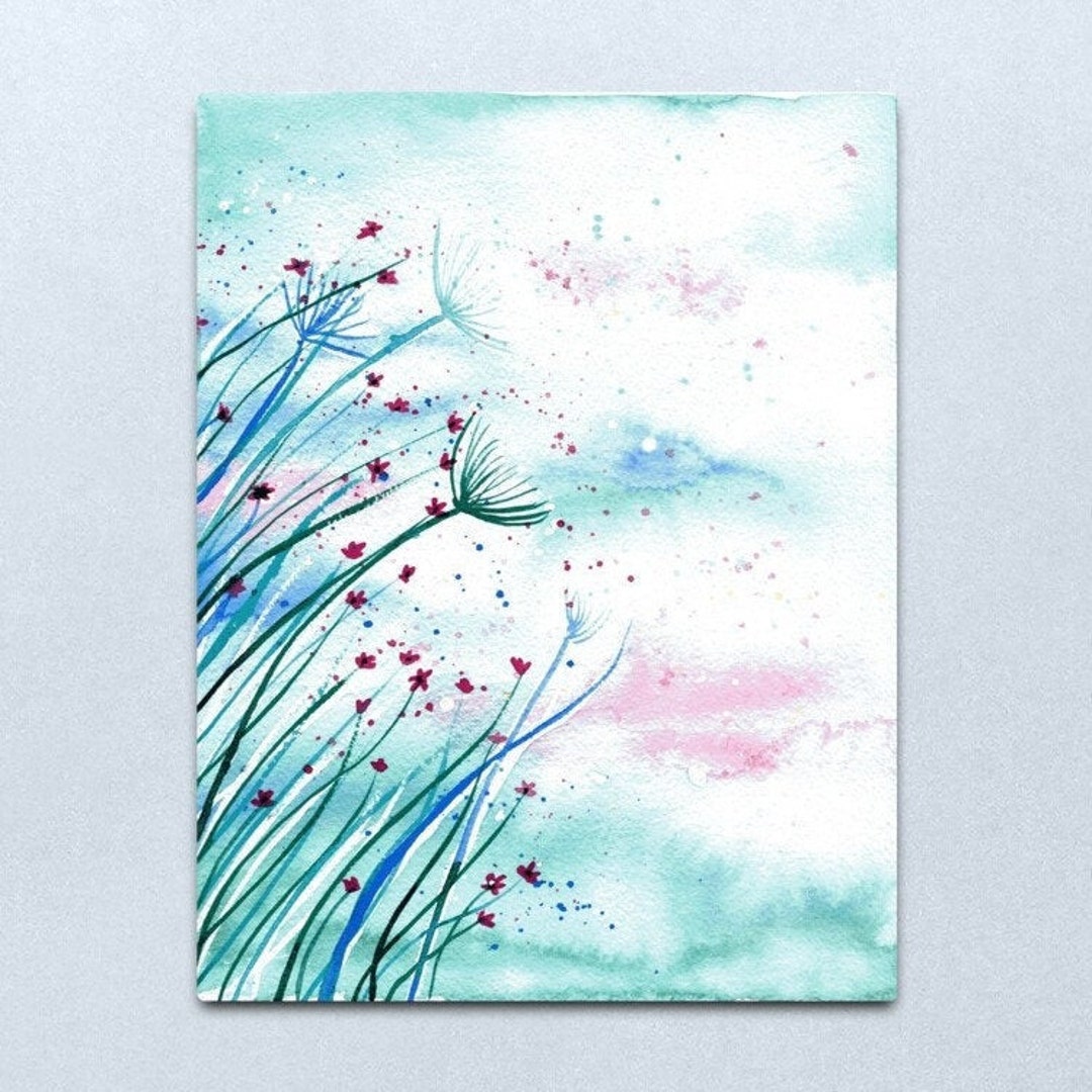 Bright Breeze - Whimsical Blue, Green and Pink Wildflowers Painted in ...