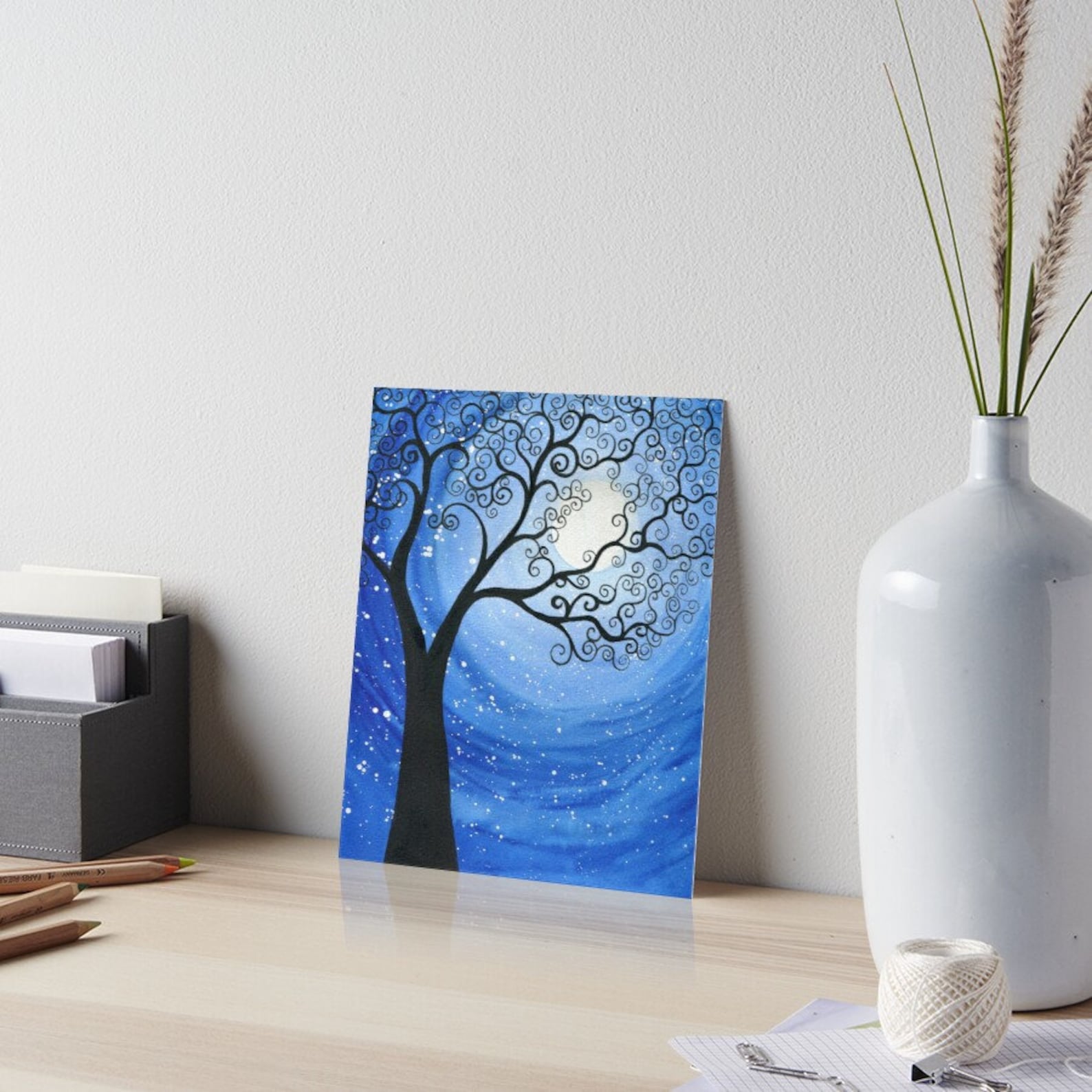Moonlit Tree - Original Watercolour Painting Night Sky Tree Silhouette ...