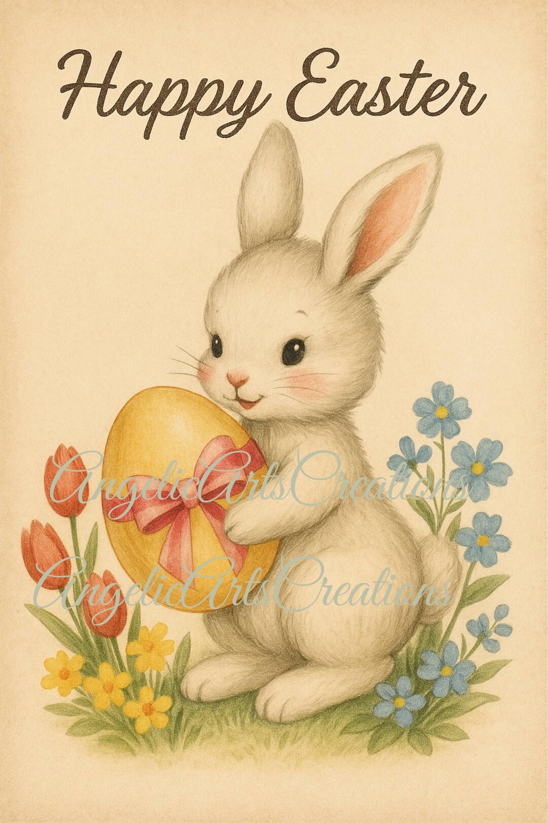 Vintage Easter Bunny Card – Printable Easter Wall Art – Pastel Spring ...