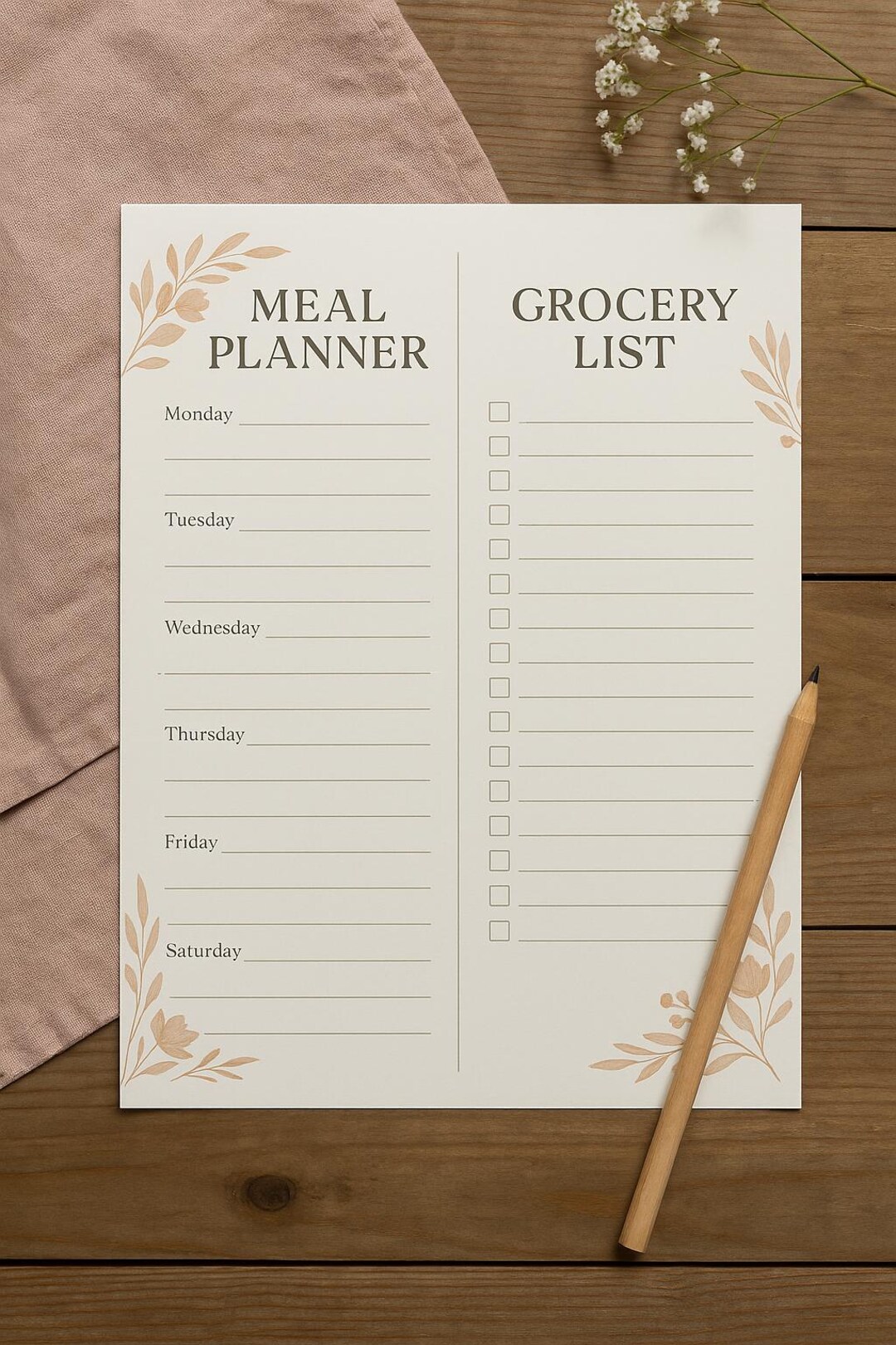Meal Planner & Grocery List Printable – Elegant Botanical Design ...