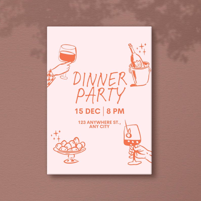 Dinner Party Invitation Template | Editable Pink Red Design | Printable ...