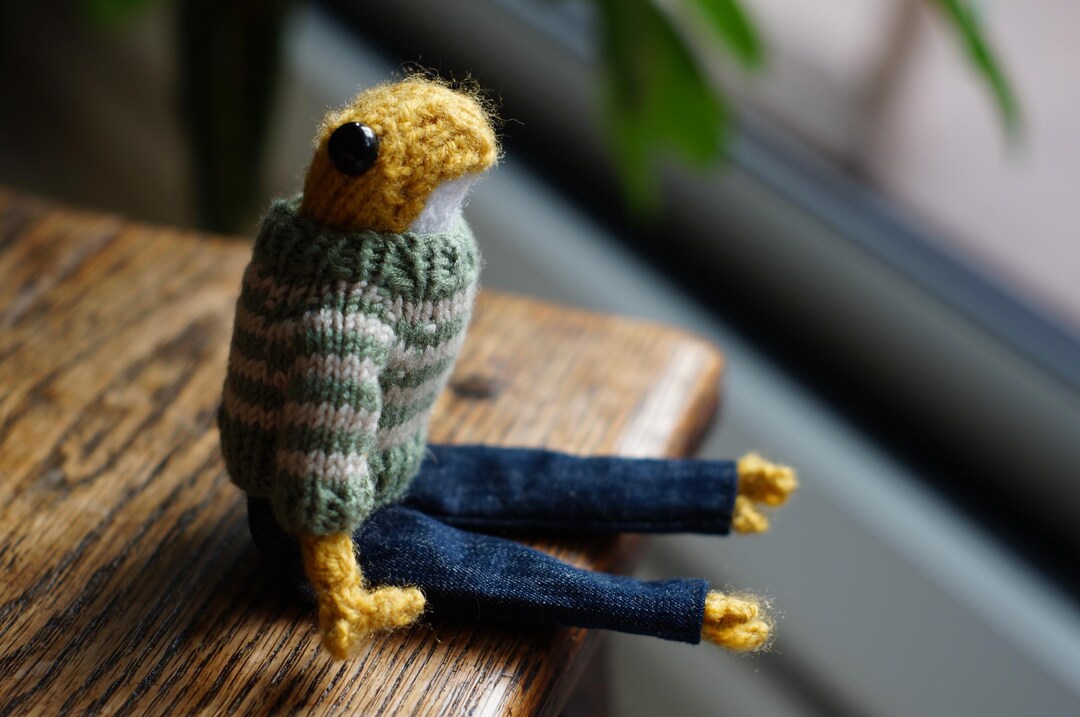 Mustard Yellow Knitted Frog Wearing an Adjusted Green and White Striped ...