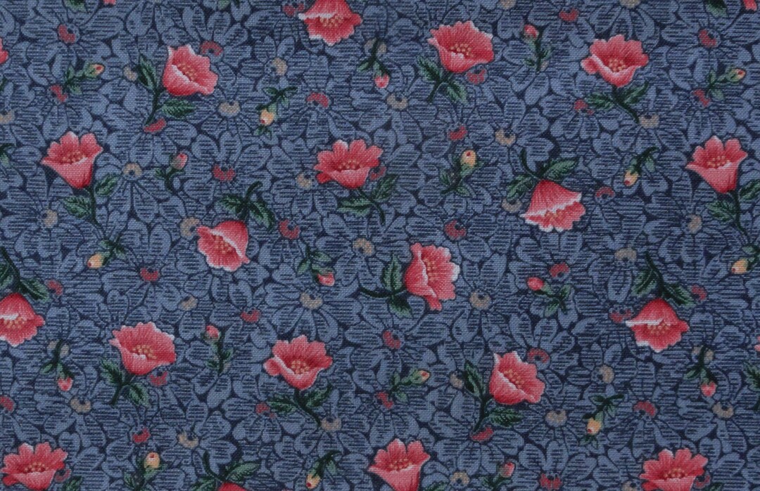 Vintage VIP Fabric, Pink Flowers Blue Background, OOP Cotton Quilt ...