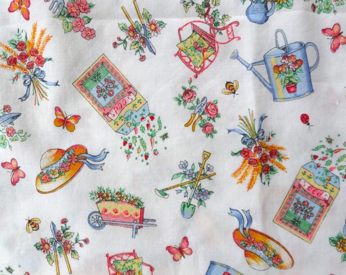 44" X 50" Remnant, Joan Kessler Garden Tools, Flowers Cotton Fabric ...