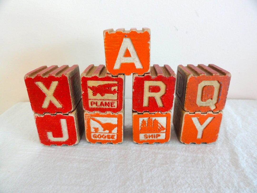 9 Wood Blocks W/ Grooves, Letters & Pictures, Stacking Toys, Primitive ...