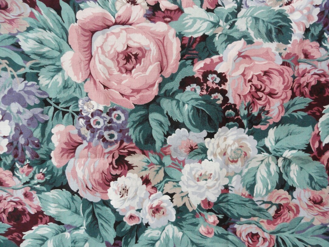 Vintage Cabbage Rose Cotton Fabric, Joan Messmore for Cranston Print Works, Vip Print, Sage ...