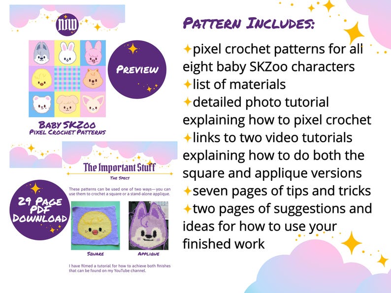 Baby Skzoo Crochet Pattern Stray Kids Inspired Applique & Square (PDF ...