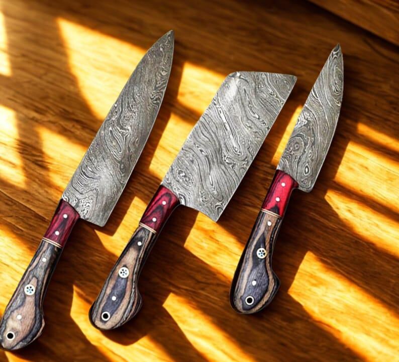 Handmade Damascus Steel Chef Knife Set: Rosewood Handle, Leather Roll ...