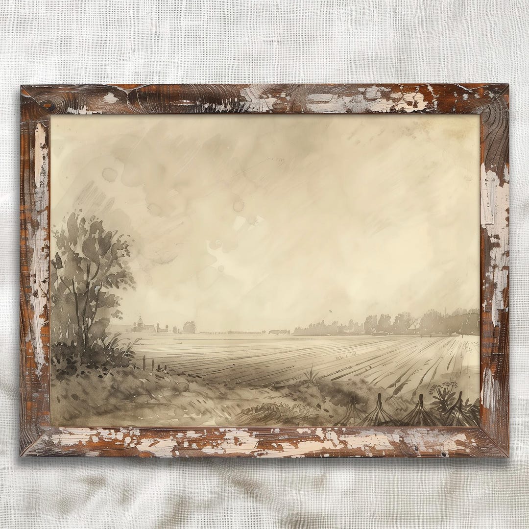 Vintage Landscape Drawing of Fields - High-resolution Printable Digital ...