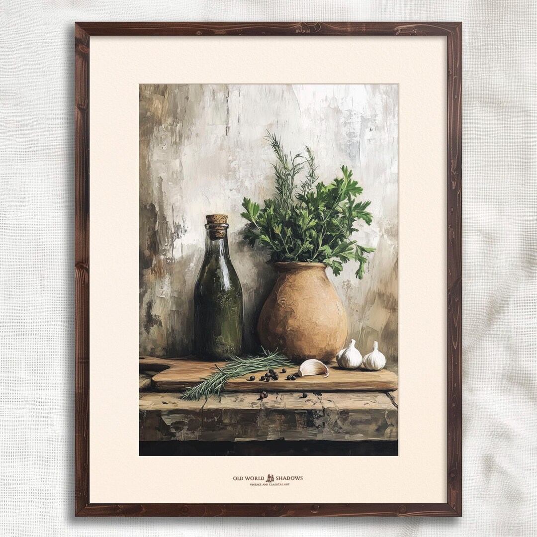Rustic Still Life Painting of Herbs and Pottery - High-resolution ...