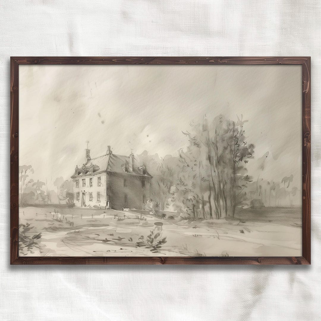 Vintage Dark Academia Drawing of Manor - High-resolution Printable ...