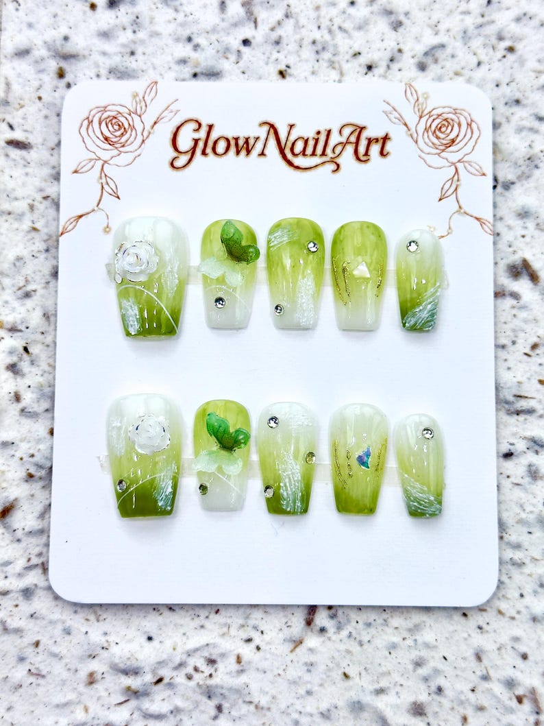 Green Gradient Press on Nails, Wizard Forest Aura Fake Nails, Handmade ...