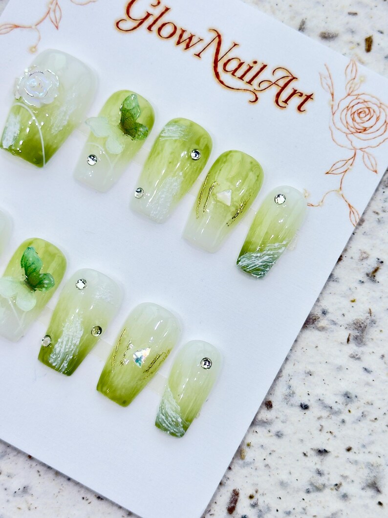 Green Gradient Press on Nails, Wizard Forest Aura Fake Nails, Handmade ...