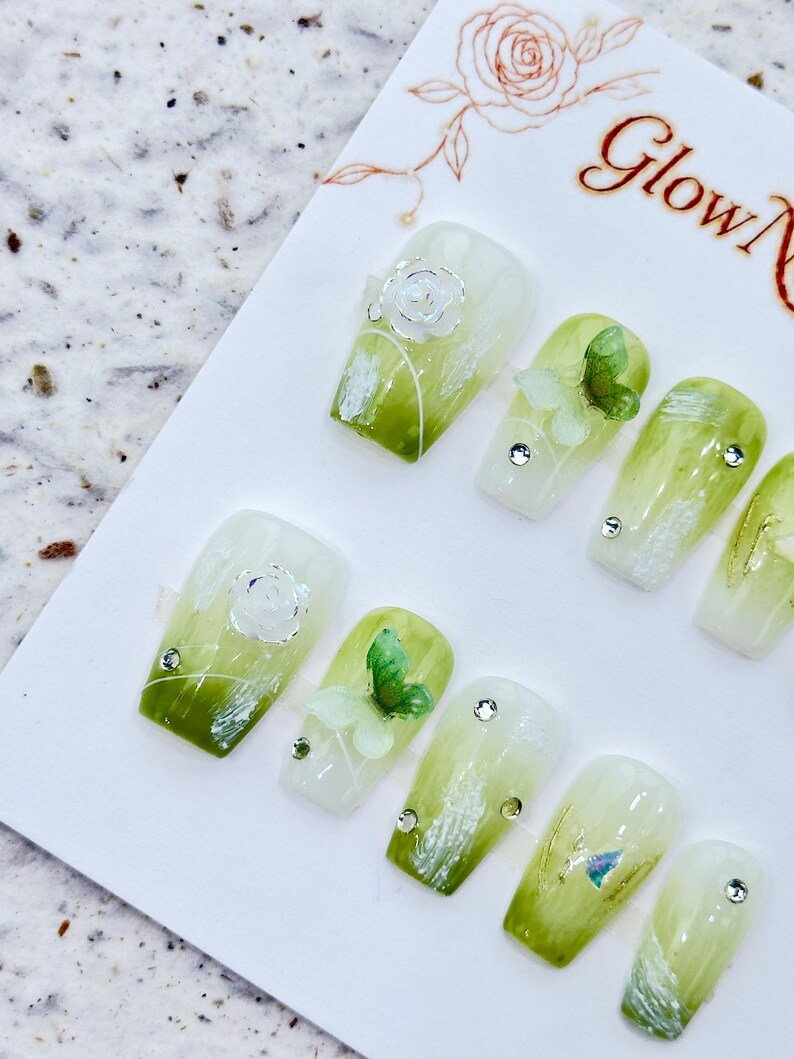 Green Gradient Press on Nails, Wizard Forest Aura Fake Nails, Handmade ...