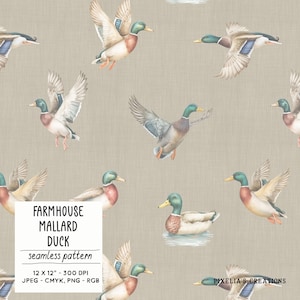 Rustic Mallard Duck on Beige Rustic Background, Wildlife Bird Seamless ...