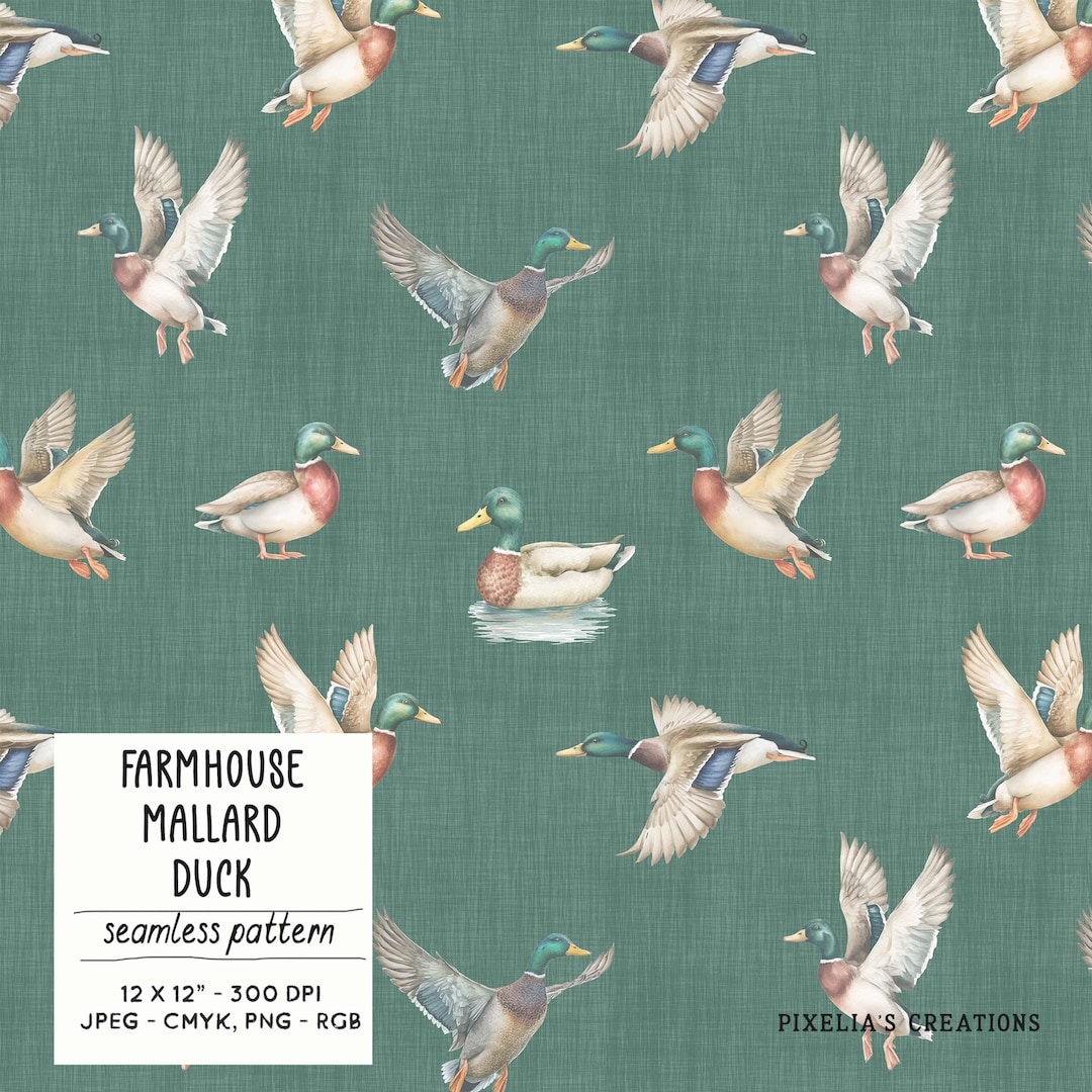 Farmhouse Mallard Duck Seamless Pattern, Rustic Bird Wildlife Print ...