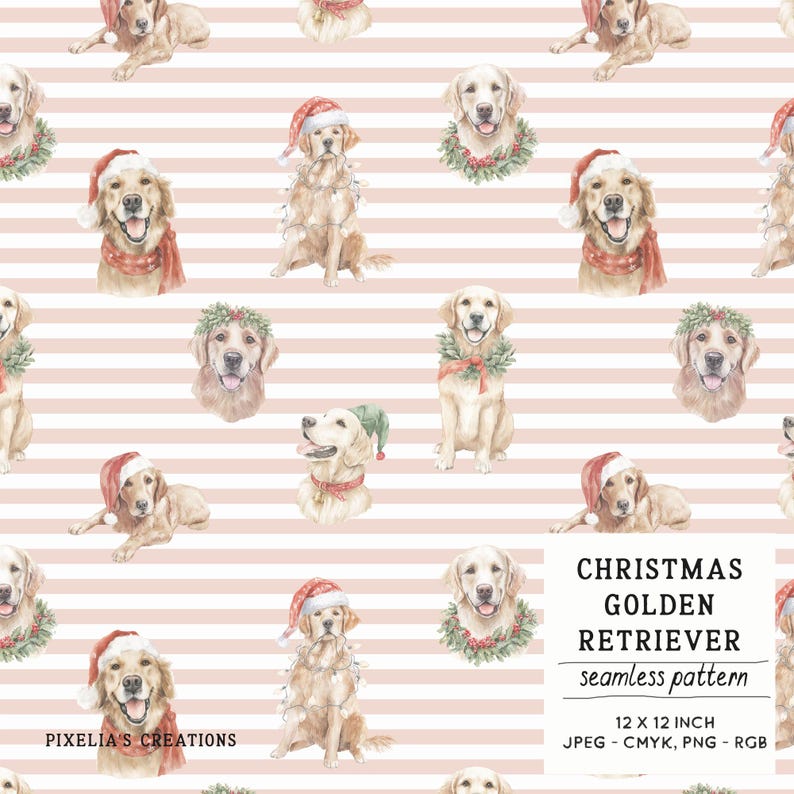 Christmas Golden Retriever Seamless Pattern: Festive Puppy Design ...