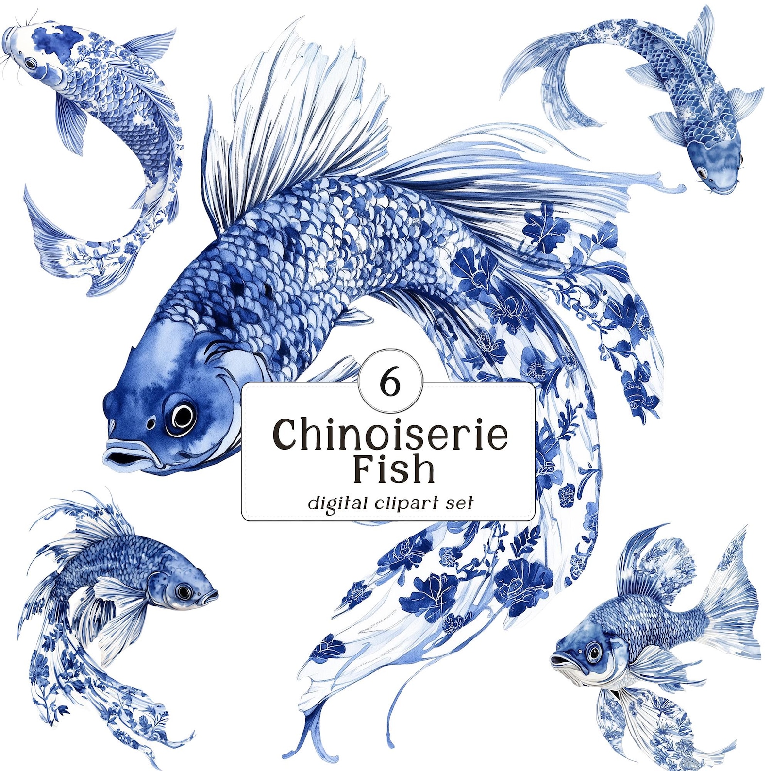 Toile Fish / Chinoiserie Fish Clipart Collection: 6 Blue and White Fish ...