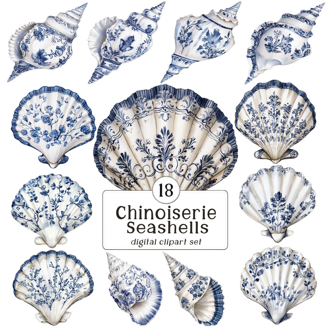 Chinoiserie Seashell Clipart Set: 18 Blue and White Seashells With ...