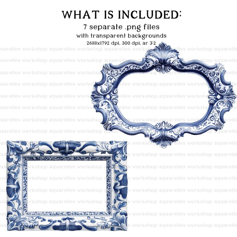 Blue and White Frames Clipart Set: 7 Dark Blue and White Frames for ...