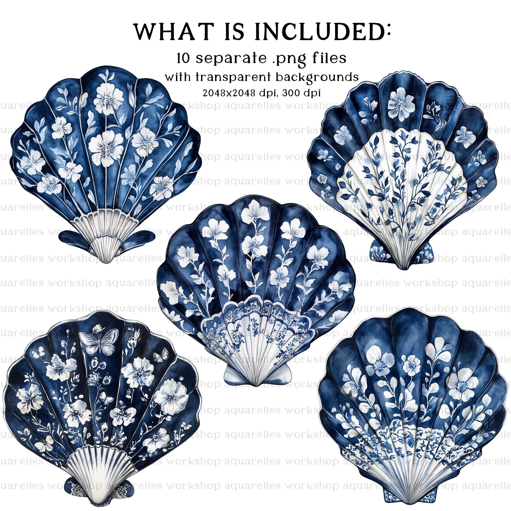 Dark Chinoiserie Seashell Clipart Set: 10 Dark Blue and White Seashells ...