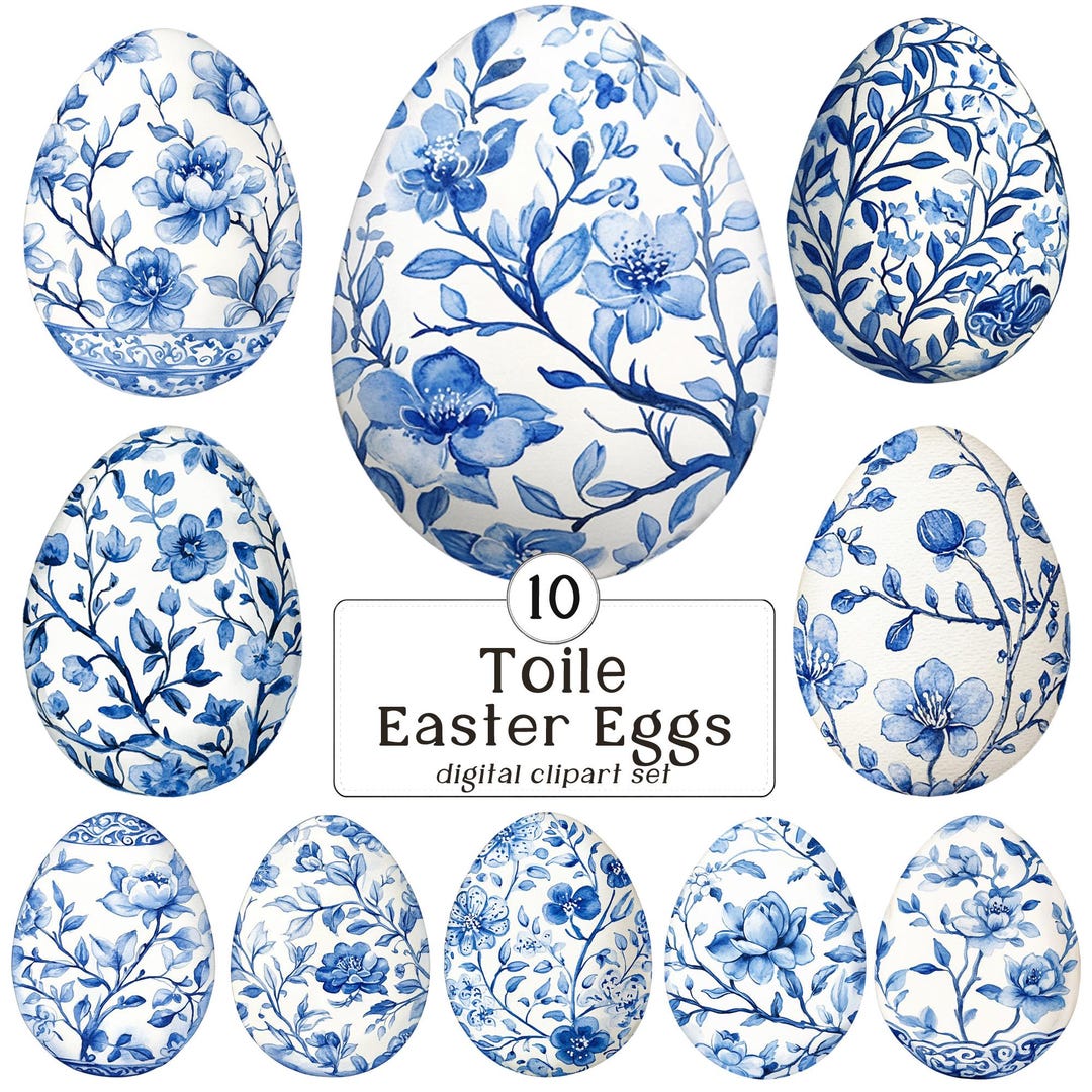 Toile Easter Egg Clipart Collection: 10 Blue and White Easter Eggs With ...