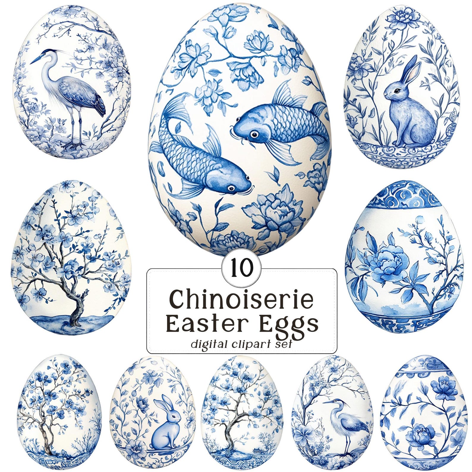 Chinoiserie Easter Egg Clipart Collection: 10 Blue and White Easter ...