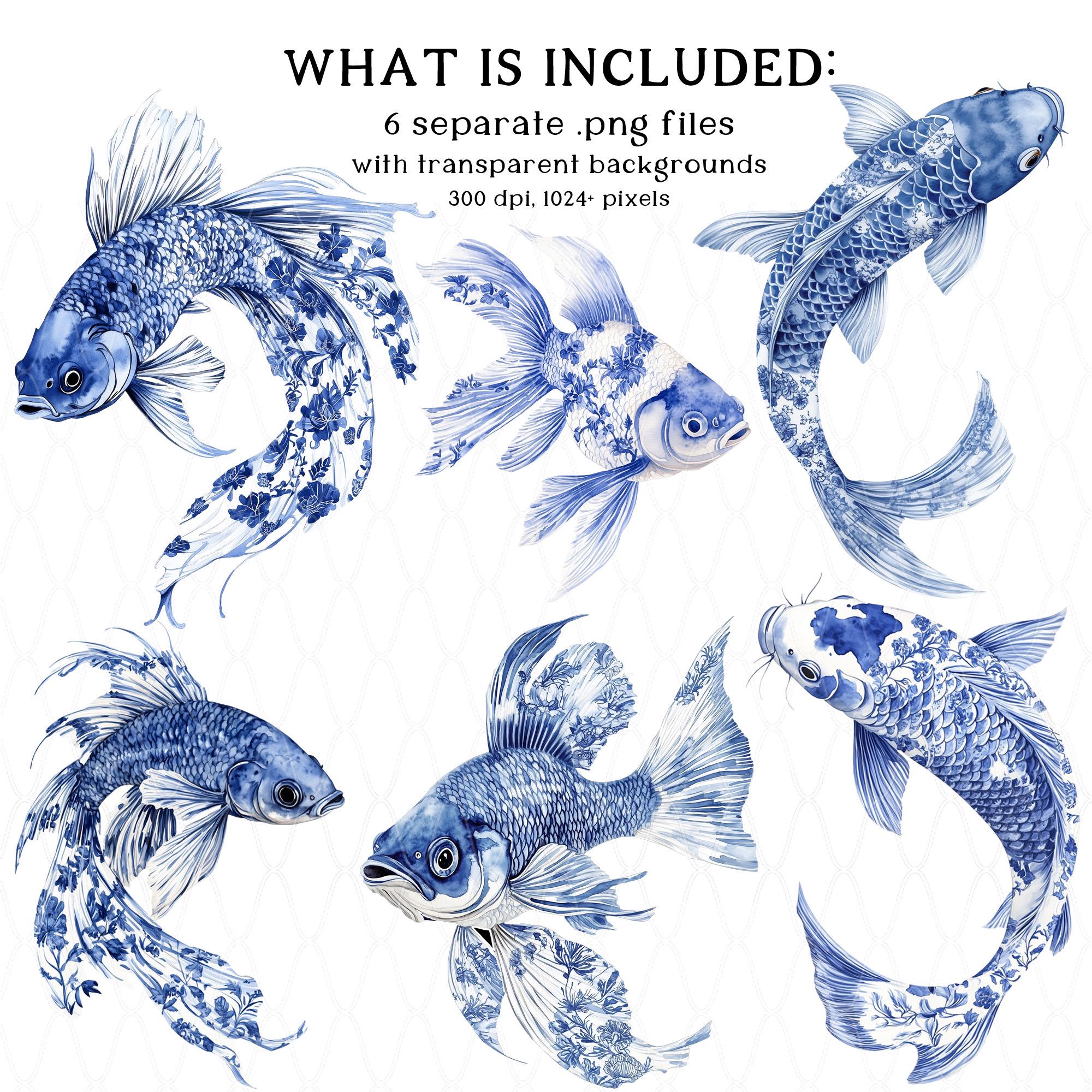Toile Fish / Chinoiserie Fish Clipart Collection: 6 Blue and White Fish ...