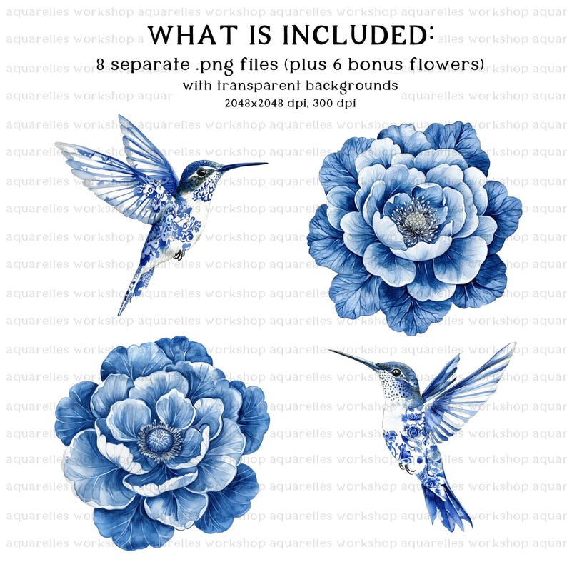 Chinoiserie Hummingbirds: 8 Blue and White Hummingbirds (plus Bonus ...