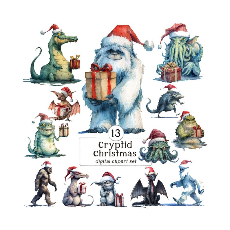 Christmas Cryptids Clipart Set: 13 Mystical Monsters and Festive ...