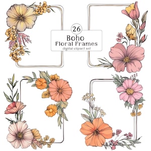 26 Boho Floral Frame Clipart Set: Beautiful Frames in a Chic Bohemian ...