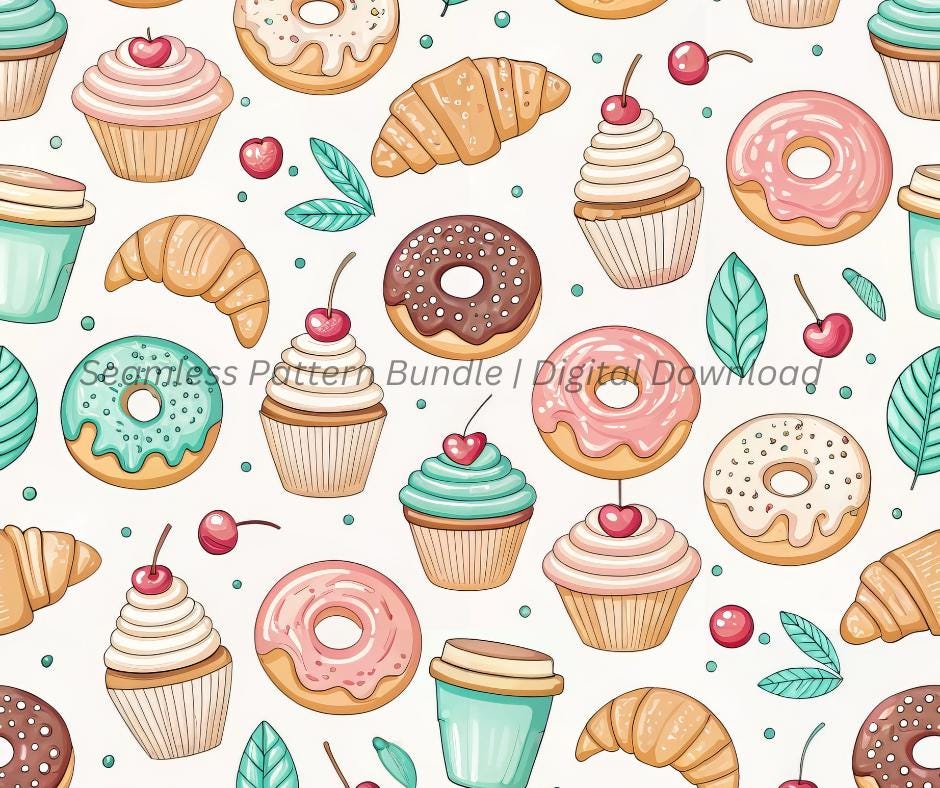 Kawaii Pastries Seamless Patterns | Cute Croissants, Donuts & Coffee ...