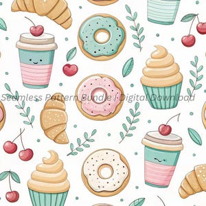 Kawaii Pastries Seamless Patterns | Cute Croissants, Donuts & Coffee ...