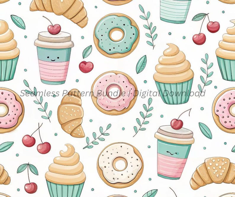 Kawaii Pastries Seamless Patterns | Cute Croissants, Donuts & Coffee ...