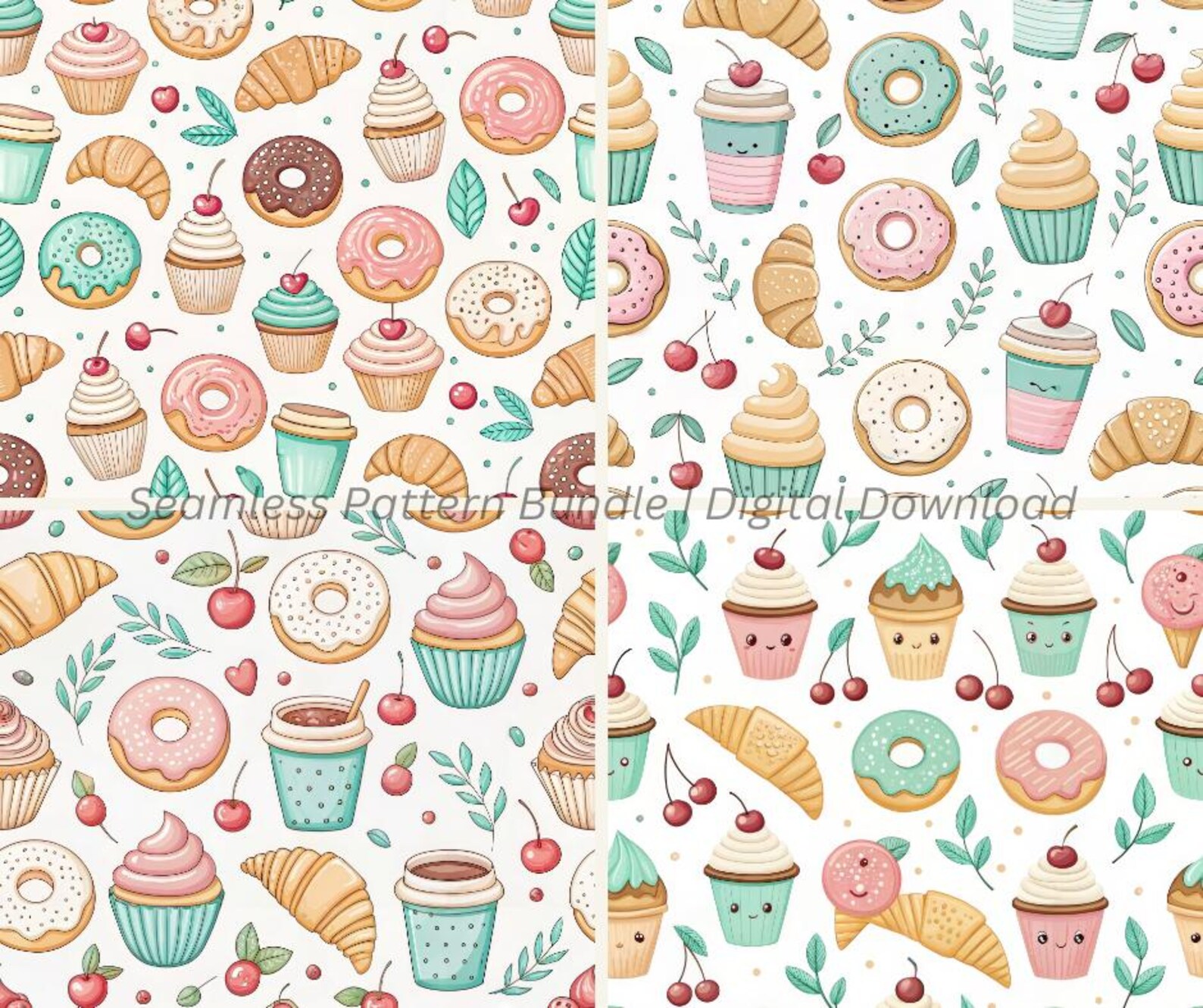 Kawaii Pastries Seamless Patterns | Cute Croissants, Donuts & Coffee ...