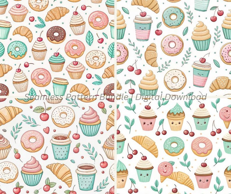 Kawaii Pastries Seamless Patterns | Cute Croissants, Donuts & Coffee ...