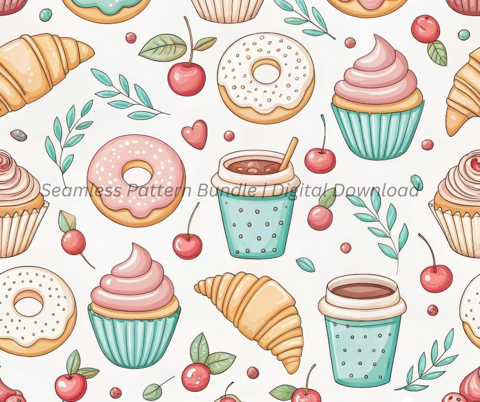 Kawaii Pastries Seamless Patterns | Cute Croissants, Donuts & Coffee ...