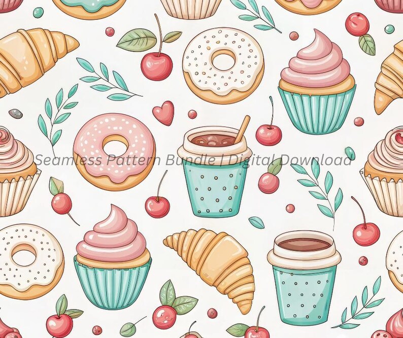 Kawaii Pastries Seamless Patterns | Cute Croissants, Donuts & Coffee ...