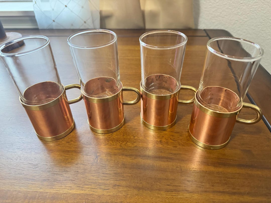 Vintage Beucler Copper Brass Glass Cork Irish Turkish Coffee Set of 4 ...