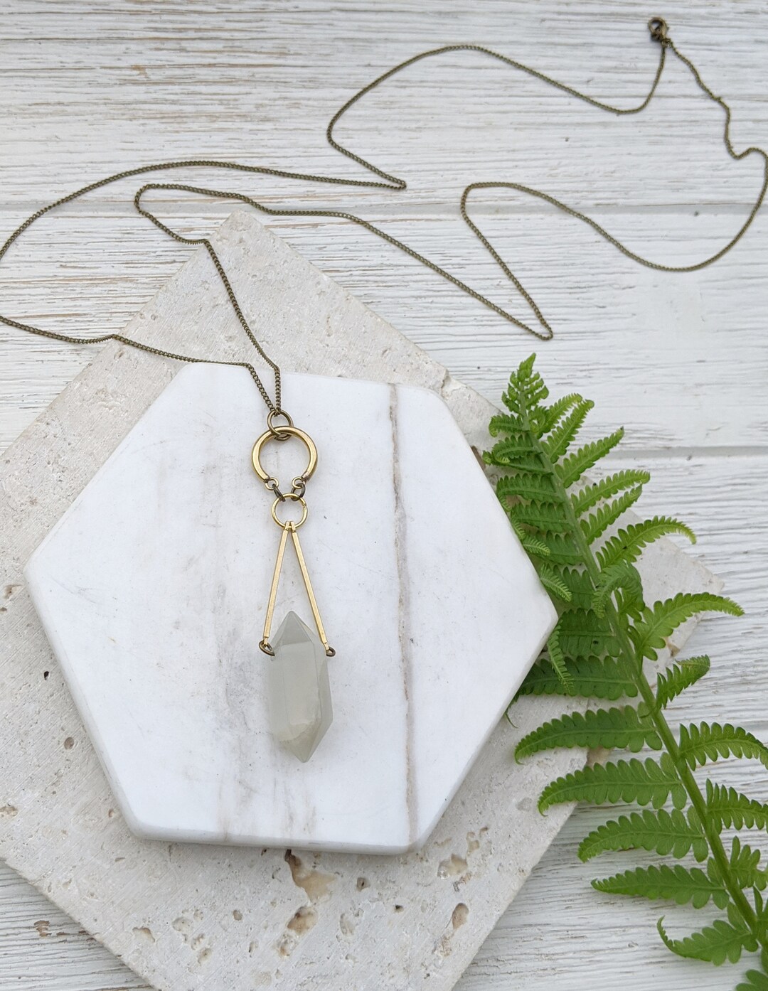 Gray Moonstone Pendant Necklace: Long Raw Brass Chain, June Birthstone ...