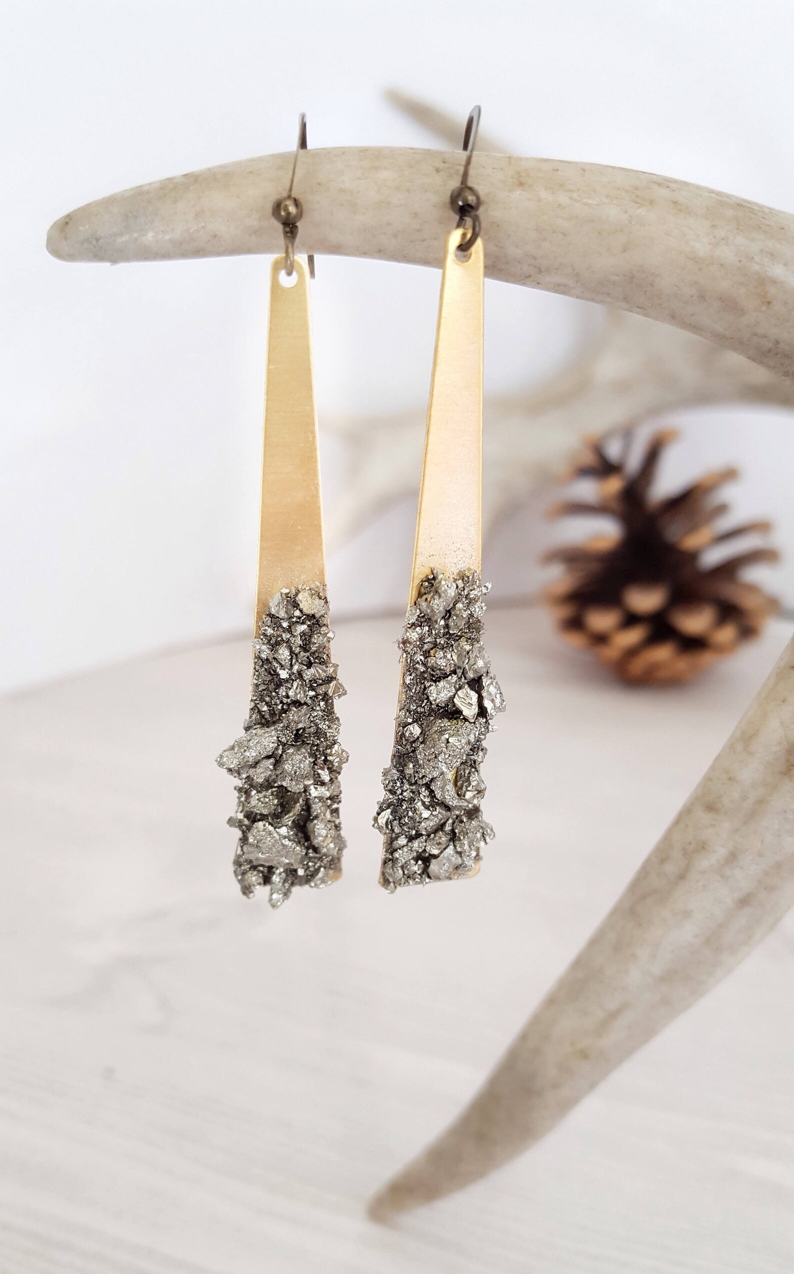 Statement Earrings Triangle Earrings Pyrite Earrings Brass | Etsy