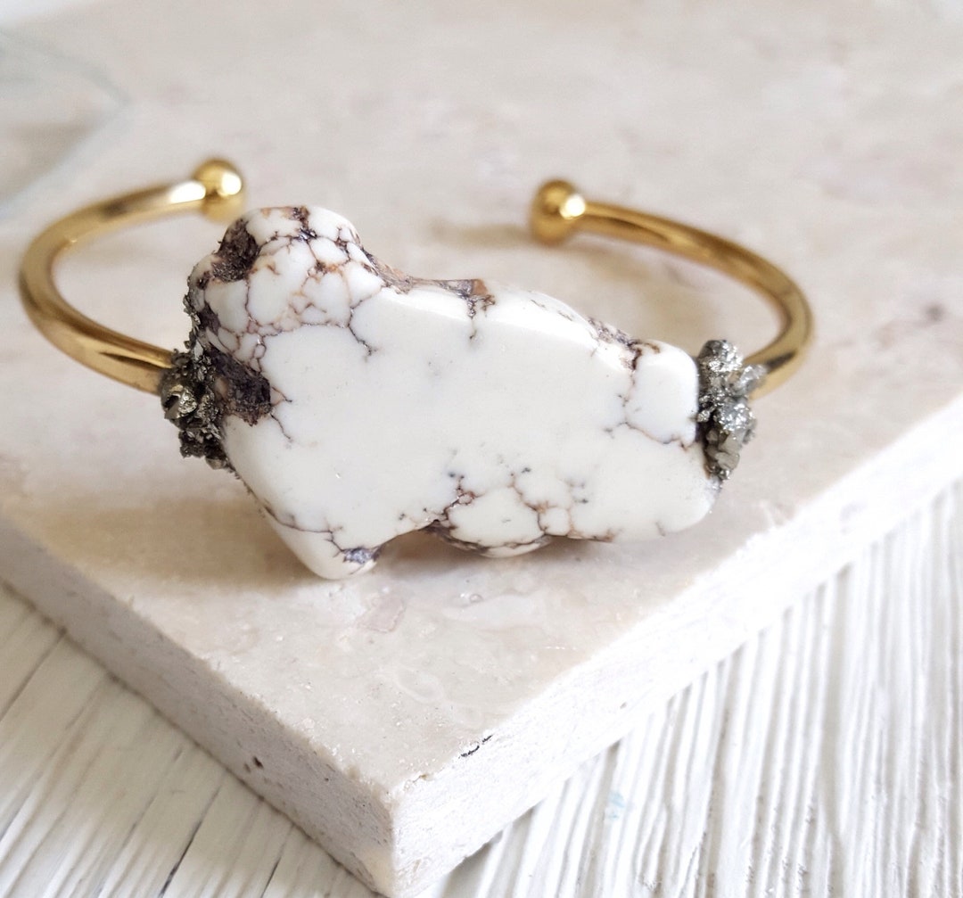 Howlite & Pyrite Gold Plated Cuff Bracelet: Calming Stone Jewelry - Etsy