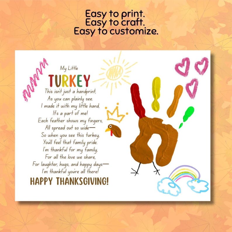 Turkey Handprint Poem Craft: Thanksgiving Keepsake (PDF) - Etsy