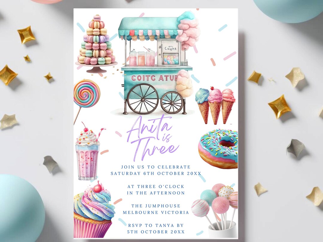 Sweet Third Birthday Invitation, Pastel Dessert Theme (editable ...