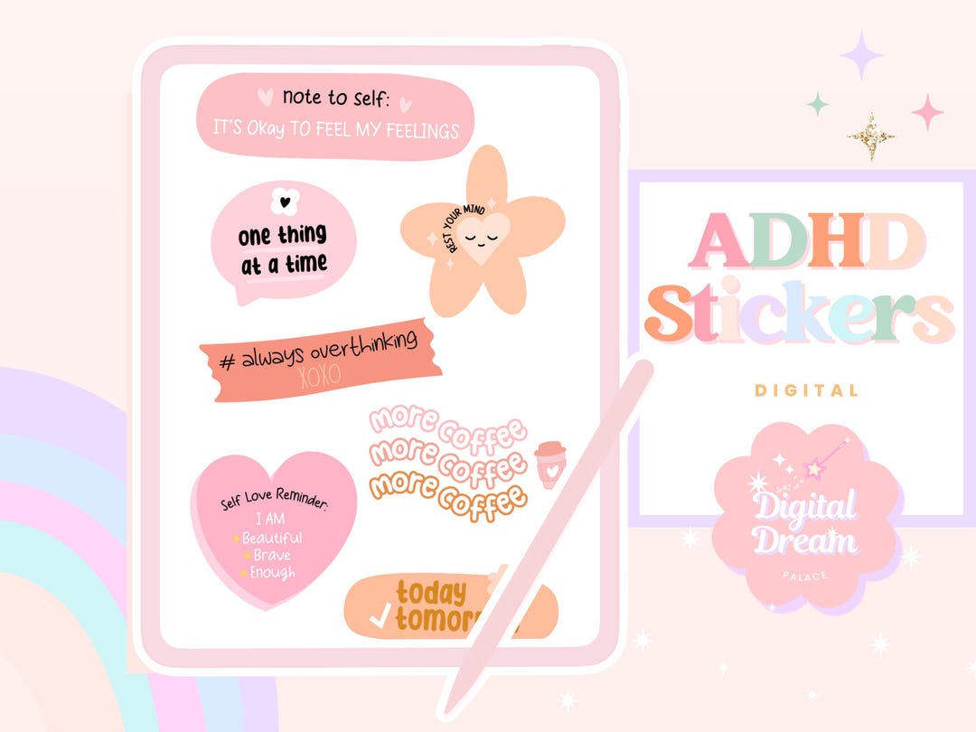 Cute ADHD Digital Stickers, PLR Resell License, Digital Planner ...