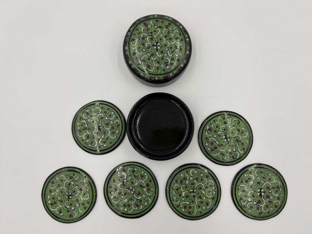 Six Hand-painted Burmese Lacquer Coasters With a Coaster Holder and Lid ...