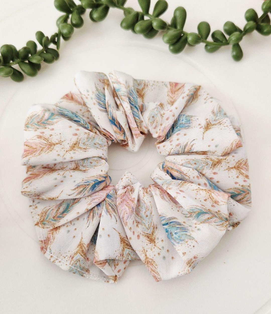 Feather Scrunchie: Handmade Pastel Fabric Hair Tie - Etsy UK