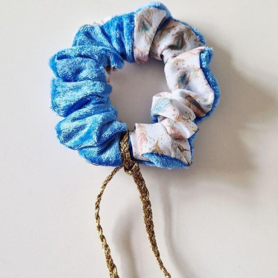 Velvet Feather Print Scrunchie | Blue Hair Tie With Tassel Charms - Etsy