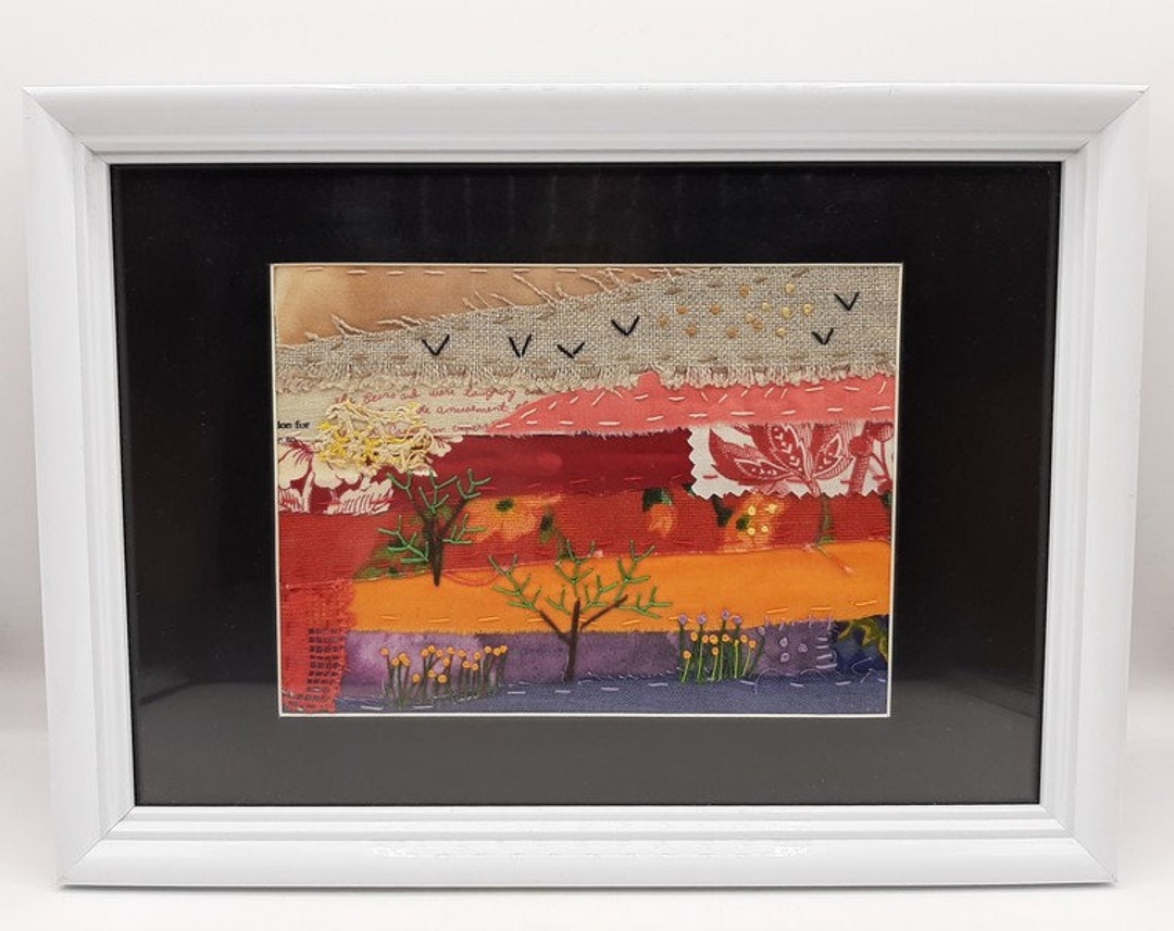 Textile Art Original Painting sunset Landscape, Embroidery, Framed ...